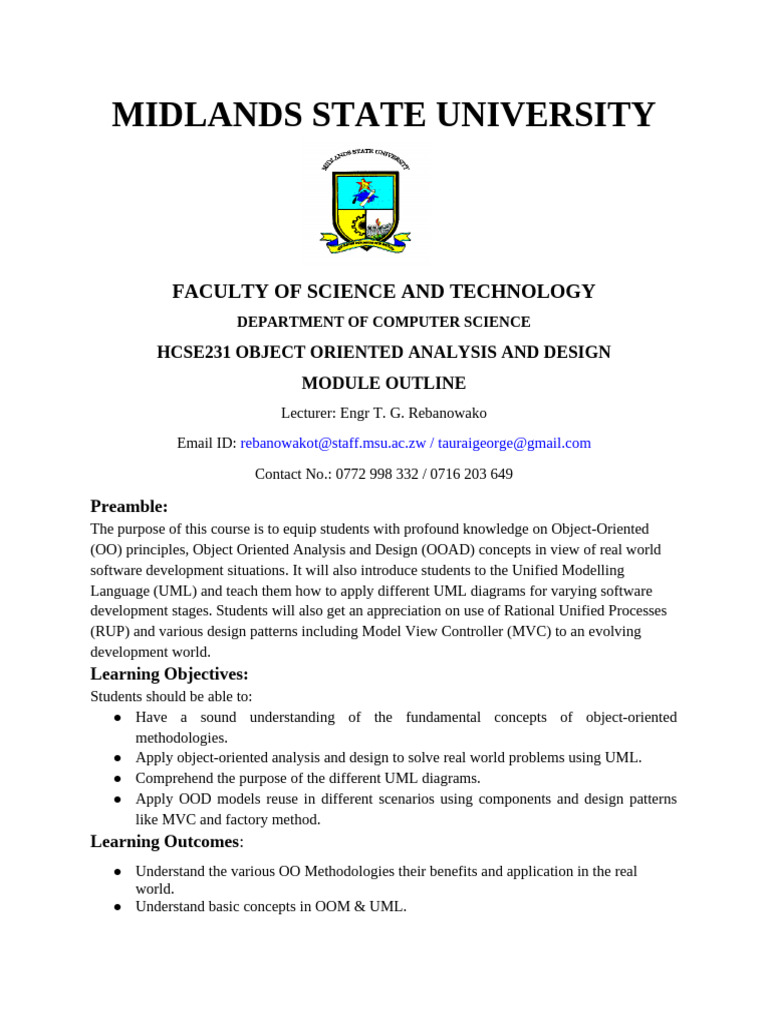 HCSE231 OOAD Module Outline | PDF | Unified Modeling Language | Systems Architecture