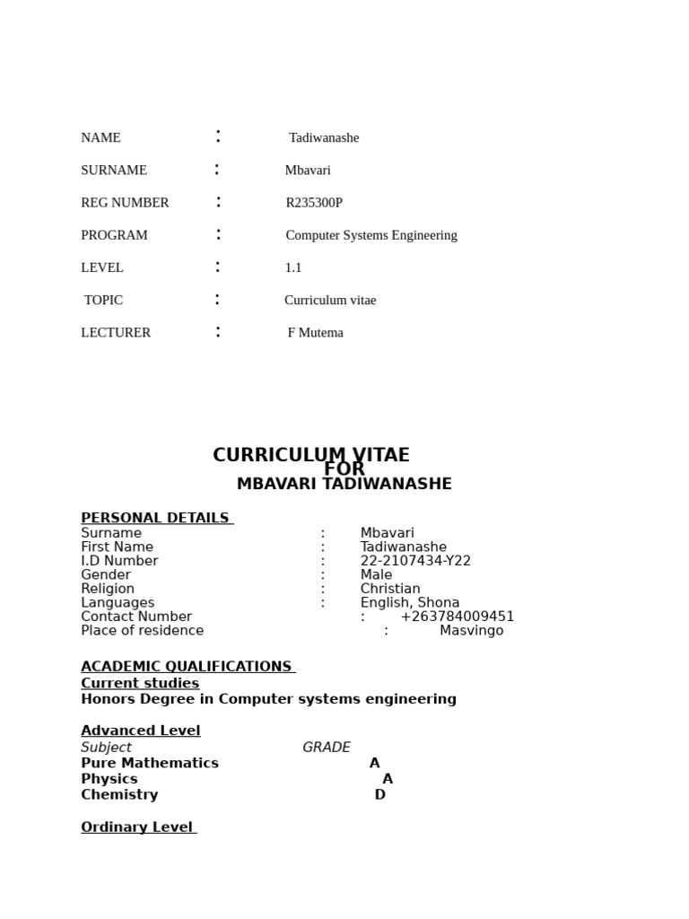 Tadiwanashe CV | PDF