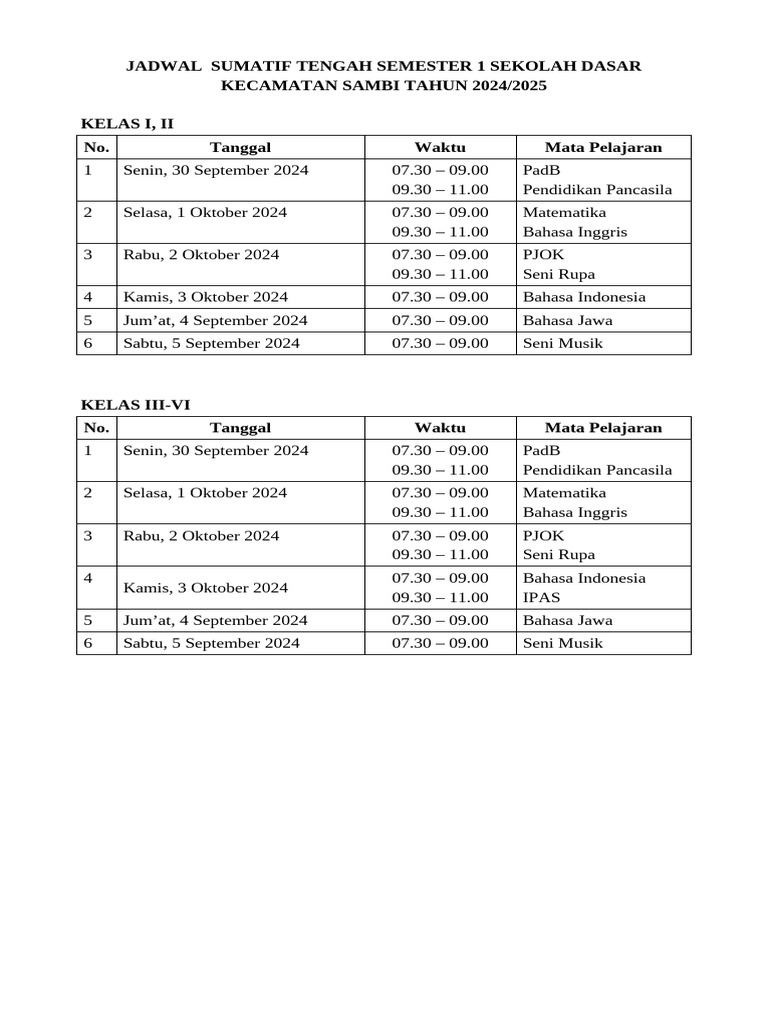 Jadwal STS 1 2024 - 2025 | PDF
