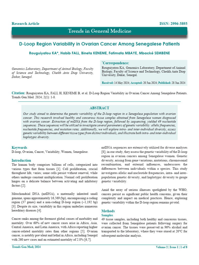 D-Loop Region Variability in Ovarian Cancer Among Senegalese Patients ...