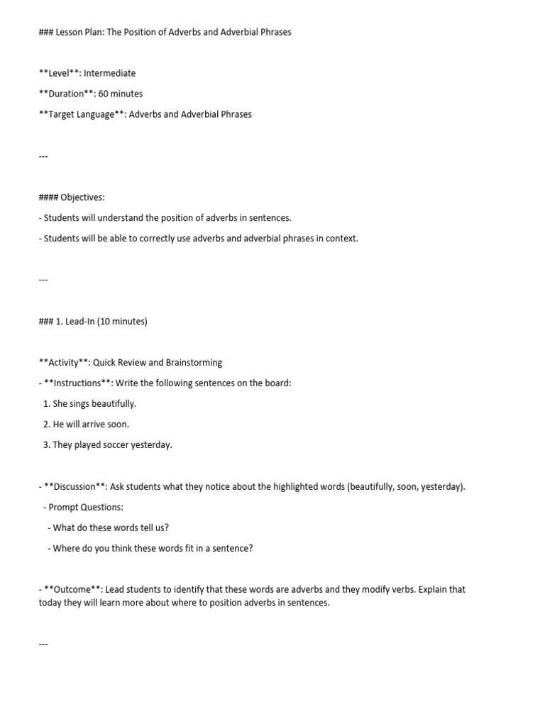 Lesson Plan Adverbs Position | PDF | Adverb | Linguistics
