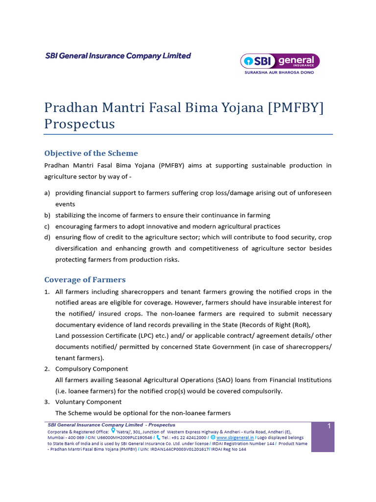 Pradhan Mantri Fasal Bima Yojana (PMFBY) Prospectus | PDF | Agriculture