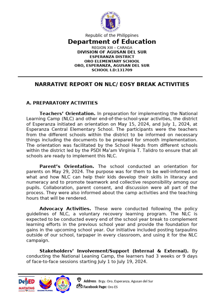 NLC Narrative Report 2024 | PDF | Learning | Teachers