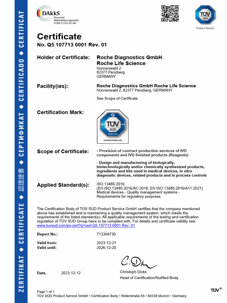 BSI ISO 13485 2016 Roche Penzberg Valid Until 2026-12-20 | PDF | Technology & Engineering