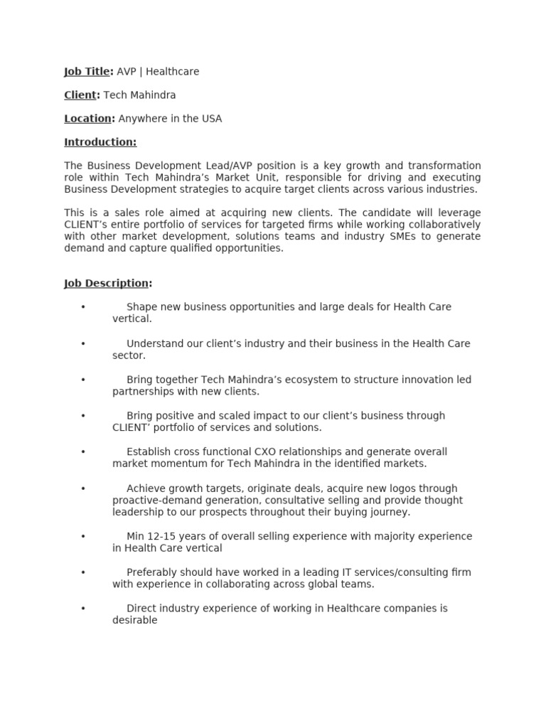 AVP - Healthcare - TechM | PDF