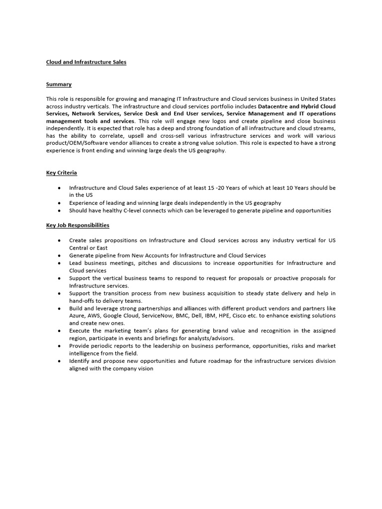 Cloud and Infrastructure Sales Job Description | PDF | Cloud Computing ...
