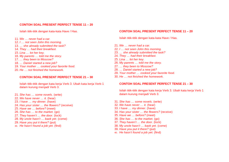 Contoh Soal Present Perfect Tense 11 | PDF | Linguistic Typology | Syntax