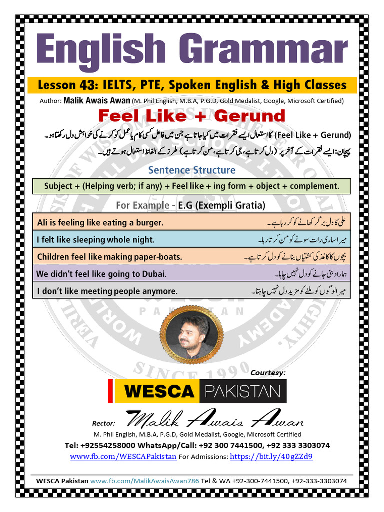 Lesson 43 (Feel Like + Gerund) | PDF