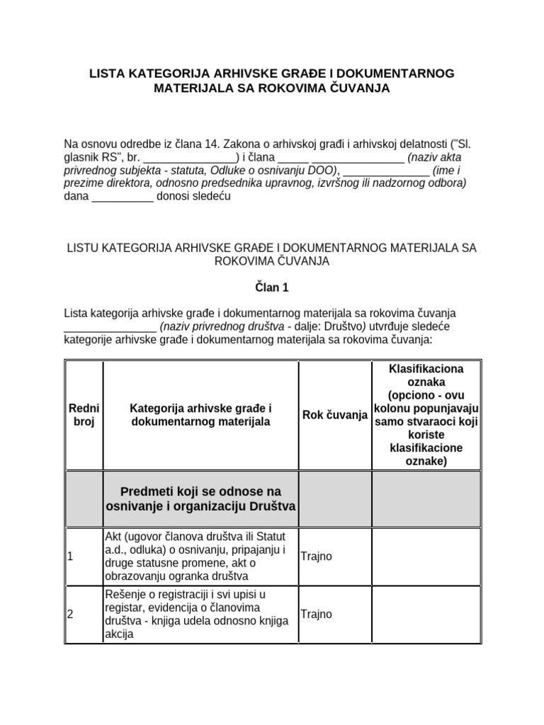 Lista Kategorija Dokumentarnog Materijala Sa Rokovima Cuvanja | PDF