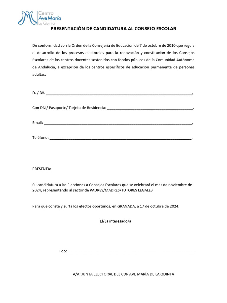 Presentación de Candidatura Al Consejo Escolar | PDF | Ciencias sociales