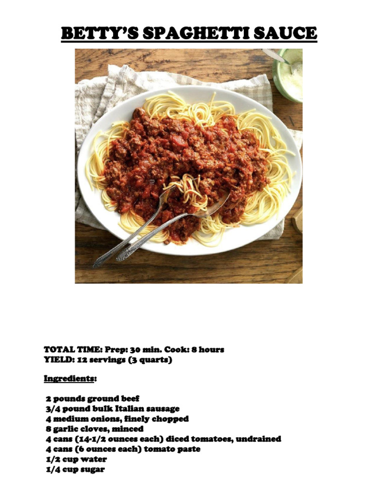 Betty's Spaghetti Sauce | PDF | Cooking, Food & Wine | Wellness