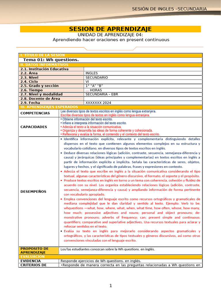 1° Sec. Sesion Actv 01 Ingles 2024 | PDF | Evaluación | Aprendizaje