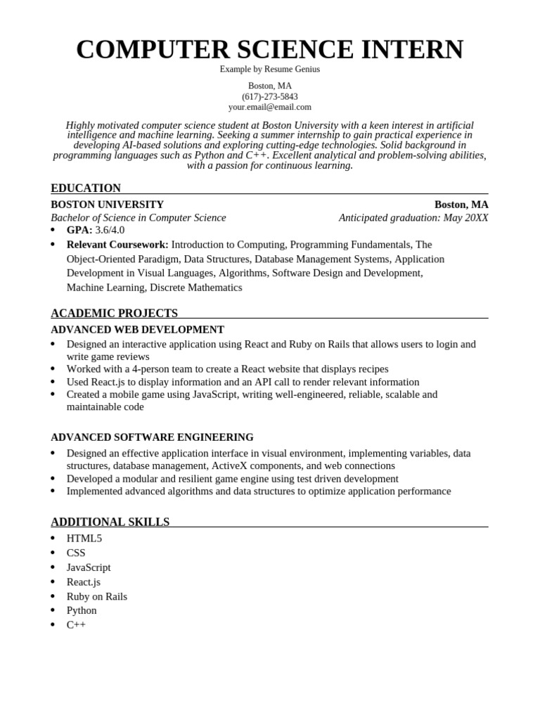 Computer Science Internship Resume | PDF | Résumé | Computer Science