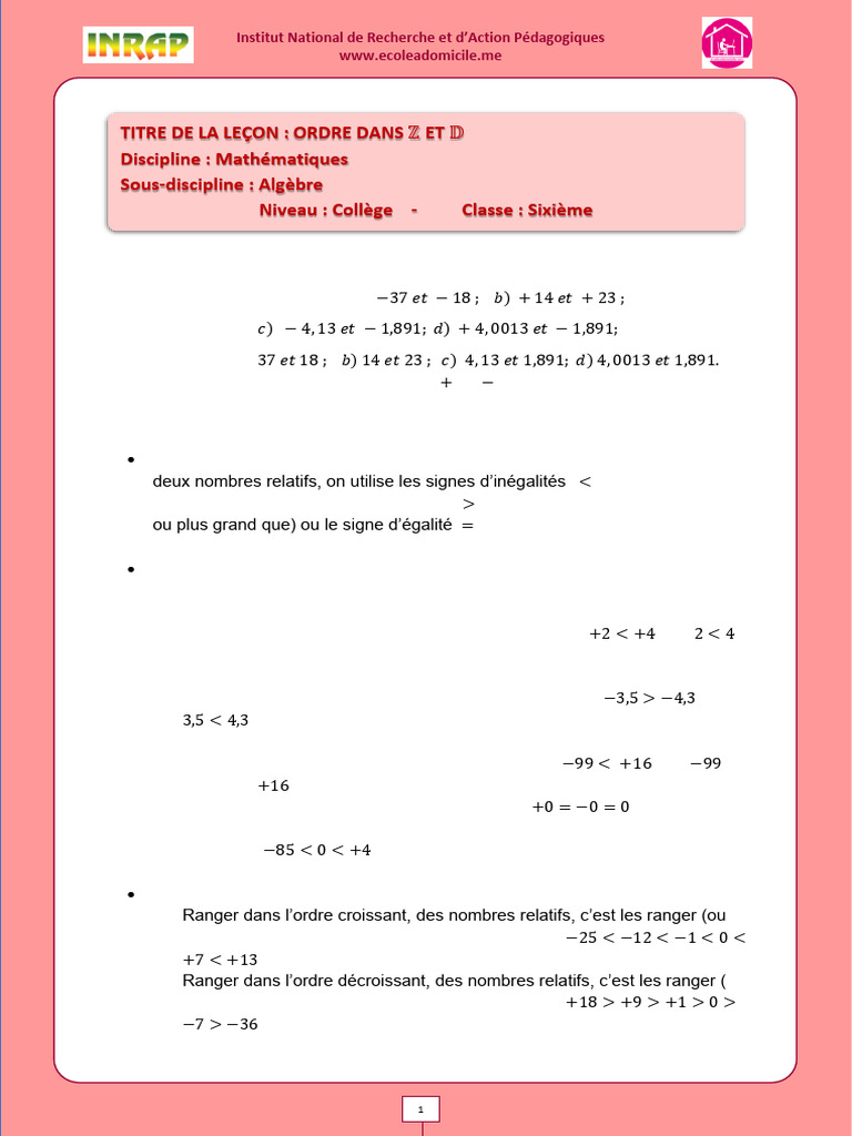 MATHS - 6me - ORDRE DANS Z ET D | PDF | Entier relatif | Concepts ...