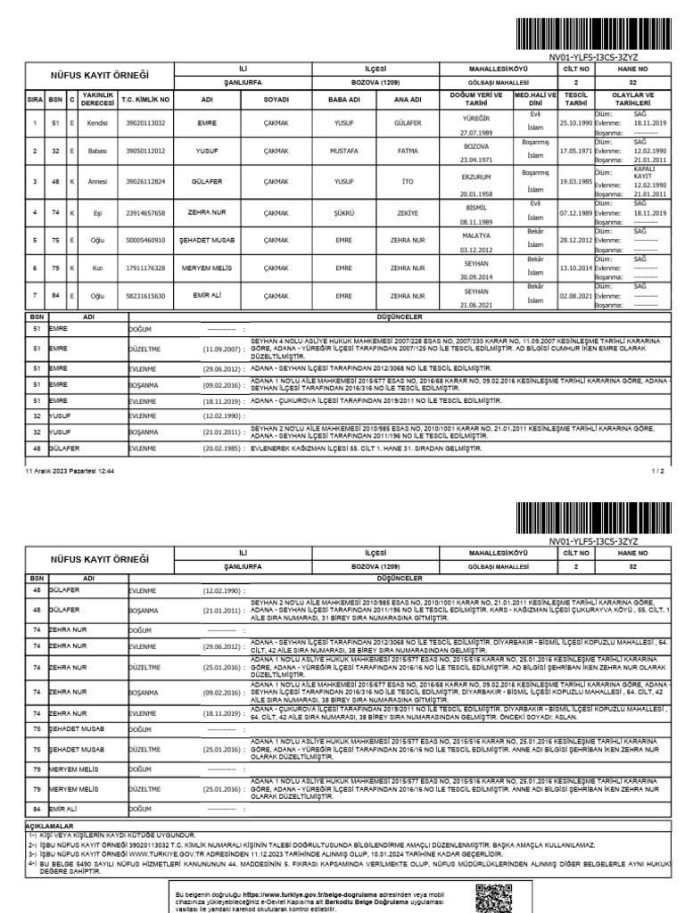 Nufus Kayit Ornegi | PDF