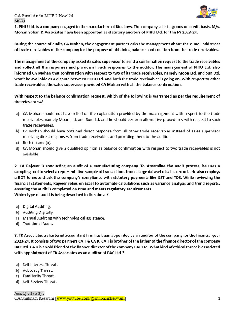 6_CAF MTP-2 Nov_24 New Questions | PDF | Going Concern | Audit