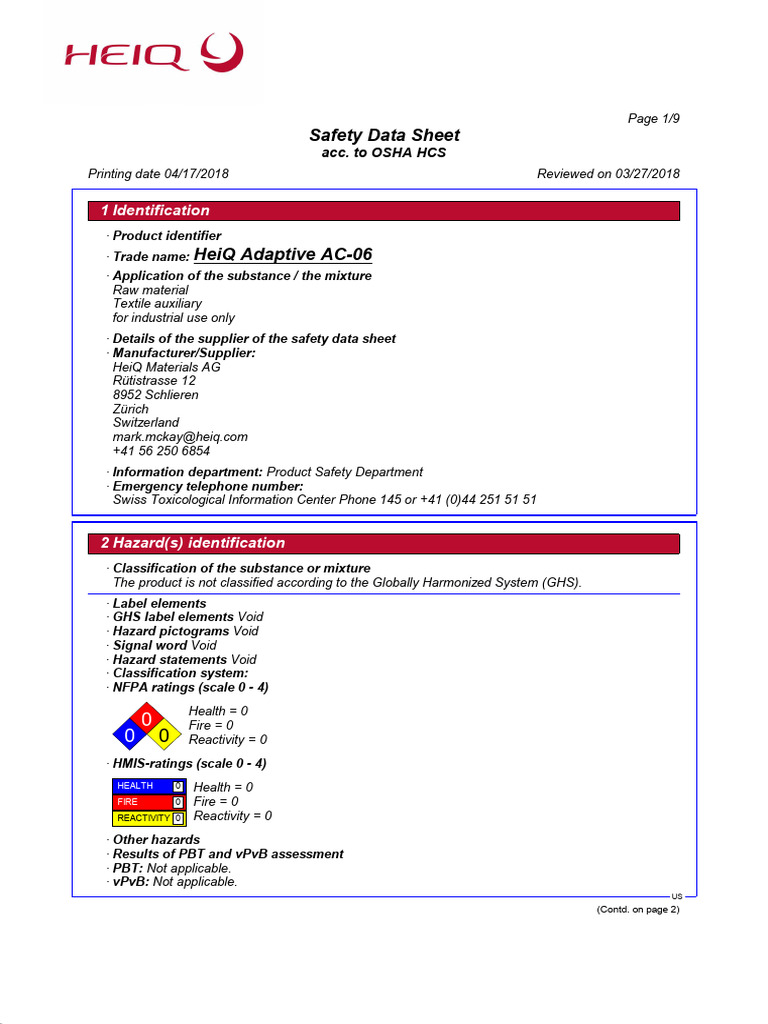 HeiQ Adaptive AC-06 Safety Data Sheet | PDF | Materials | Chemistry