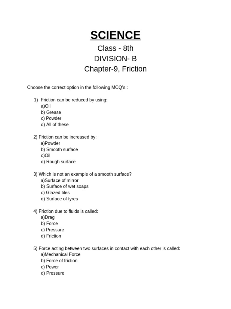 Mcq Friction Pdf Friction Force