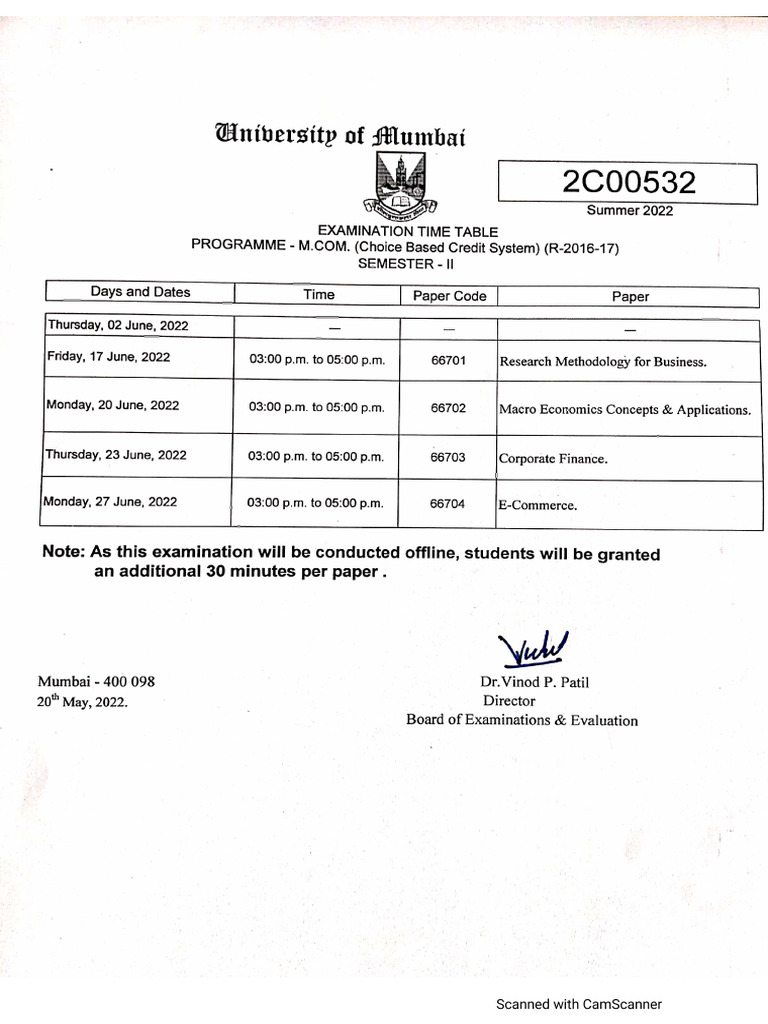 Mcom-Sem - Ii Exmination Timetable | PDF