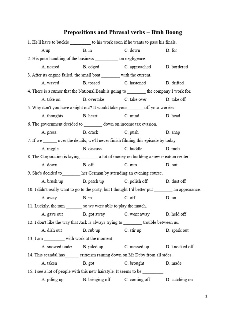 Prepositions and Phrasal Verbs Practice | PDF