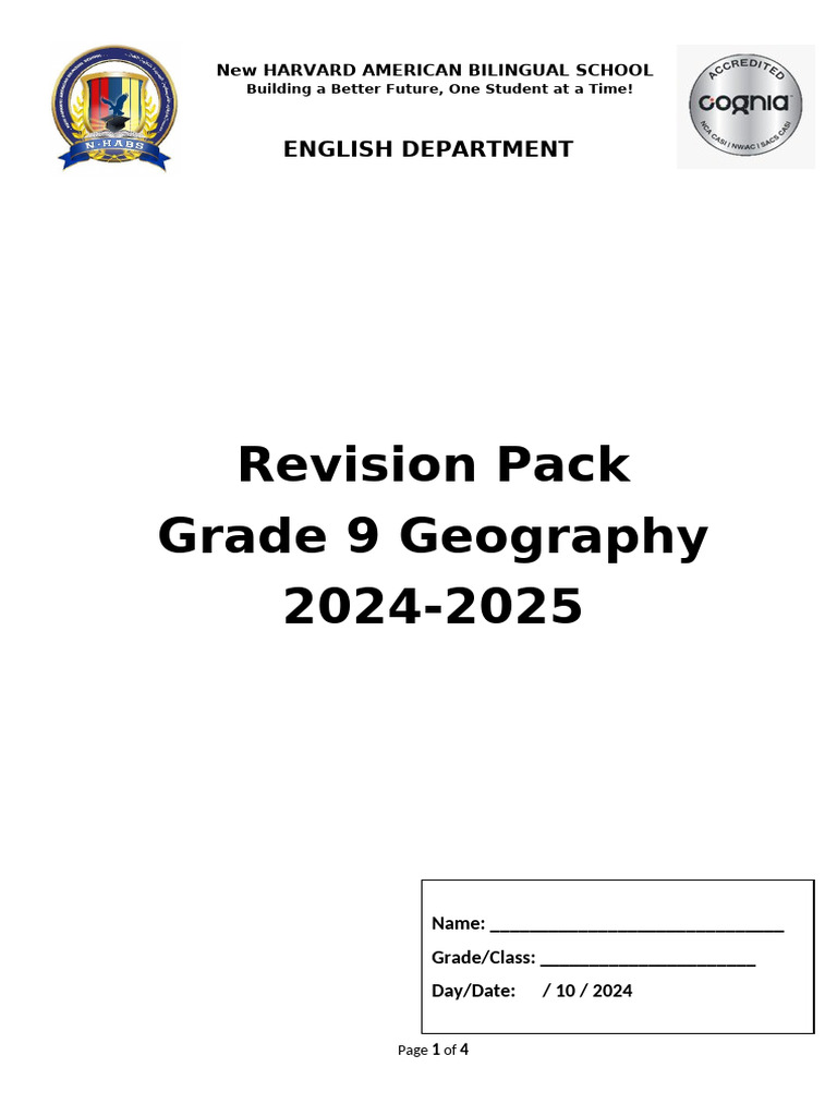 Revision Pack Grade 9 Geography 2024-2025: English Department | PDF ...