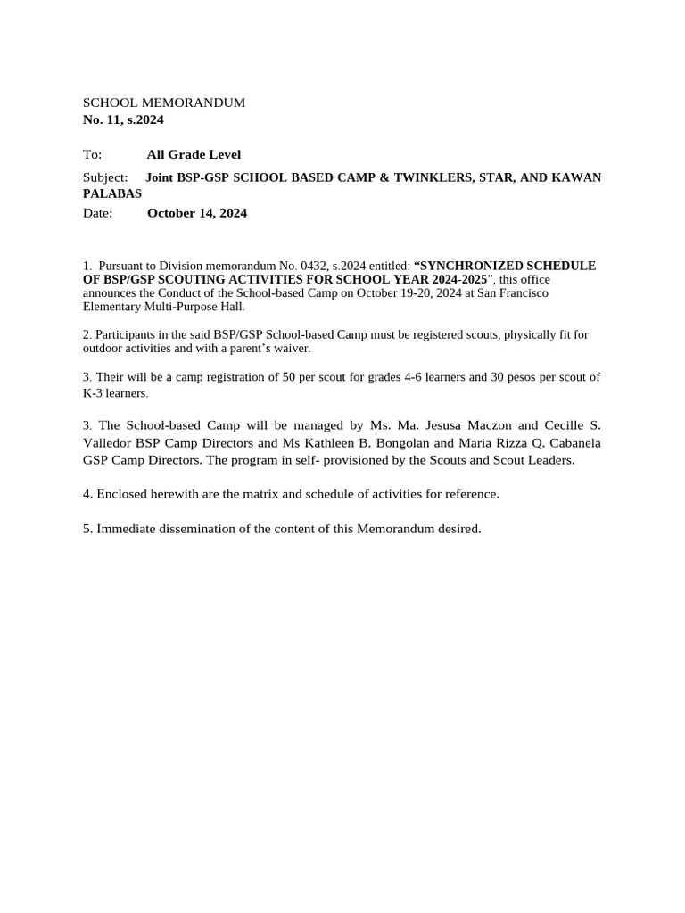 School Memorandum BSP | PDF