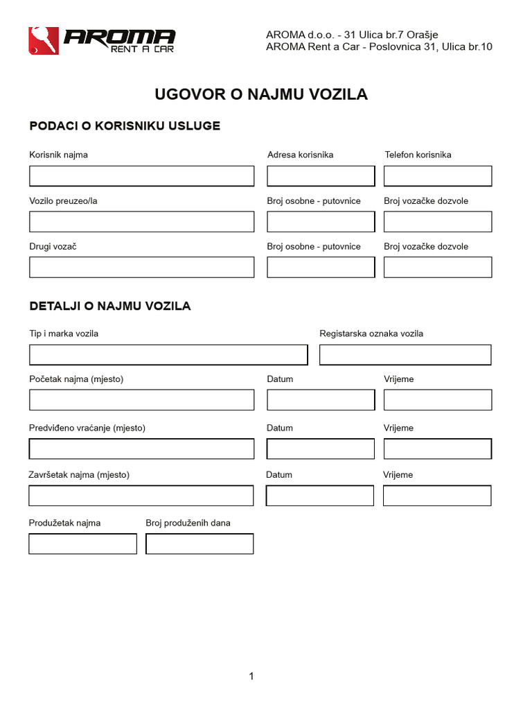Ugovor o Najmu Vozila | PDF