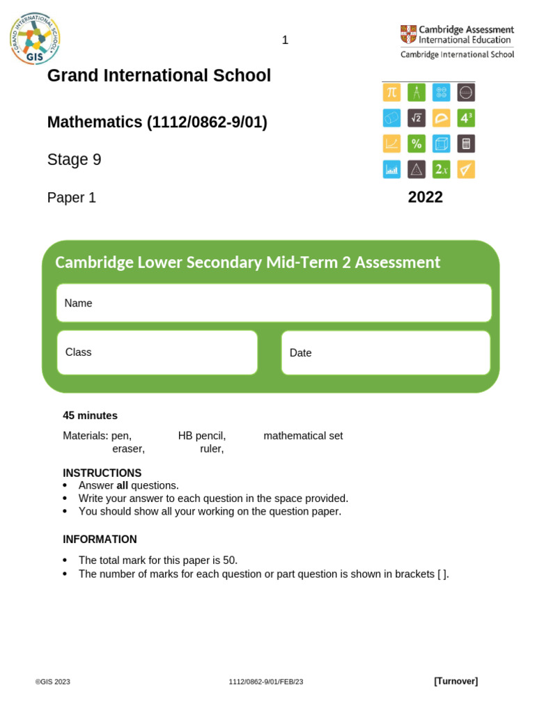 Mathematics Midterm 2 Assessment P1 ST9 Cover Page | PDF | Teaching Methods & Materials