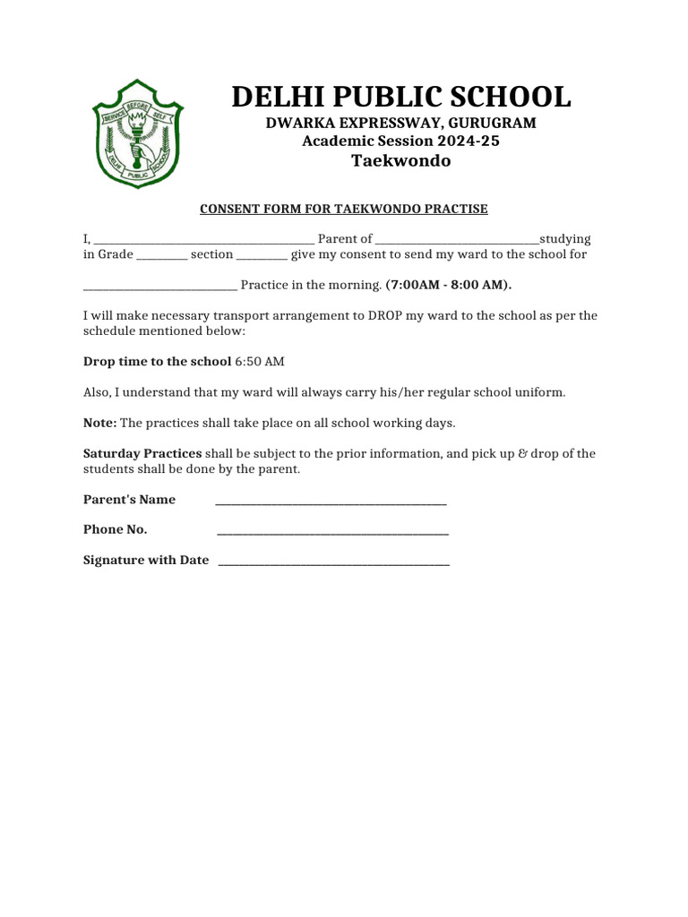 Taekwondo Practice Consent Form | PDF