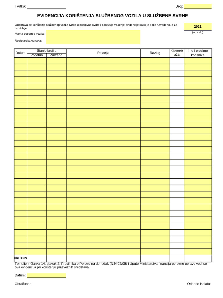 Evidencija Koristenja Sluzbenog Vozila | PDF