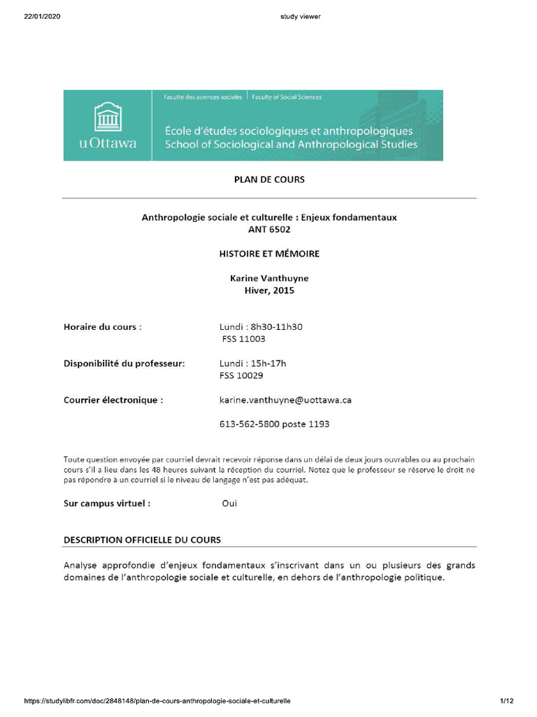 Plan de Cours Socio Culturel | PDF