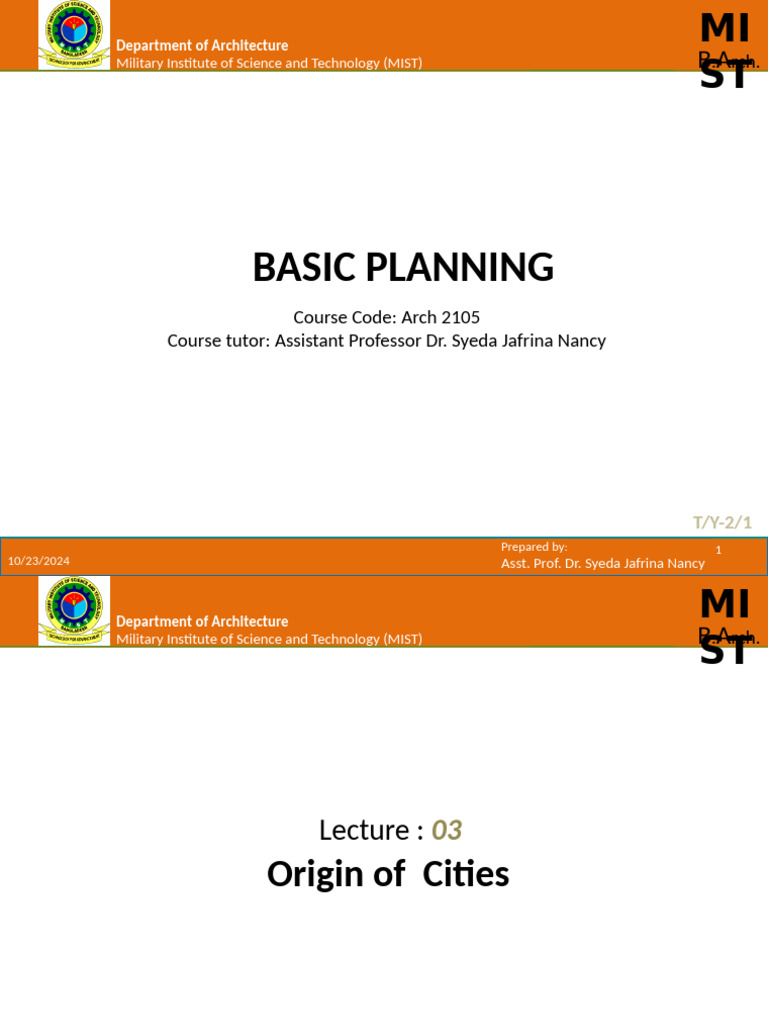 Lec 03 Origin of Cities ARCH 2105 Basic Planning | PDF | Neolithic | Paleolithic