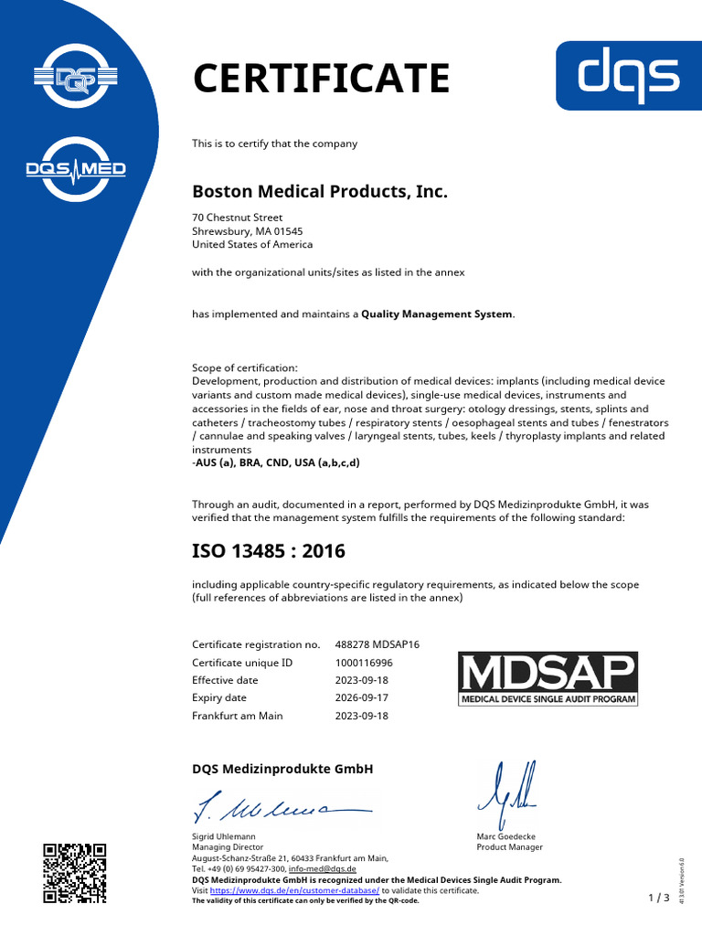 DQS BMP-QM-CER-ISO - 13485 - MDSAP - Boston - Medical - Products - Inc ... DQS BMP-QM-CER-ISO - 13485 - MDSAP - Boston - Medical - Products - Inc ...
