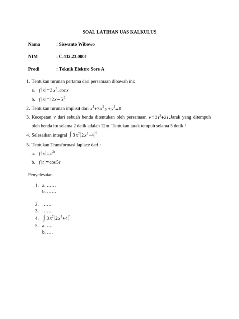 Soal Latihan Uas Kalkulus 2023-2024 | PDF | Metode & Bahan Ajar | Sains & Matematika
