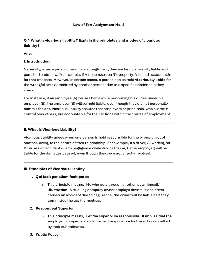 Law of Tort Assignment No.3 | PDF | Legal Liability | Vicarious Liability