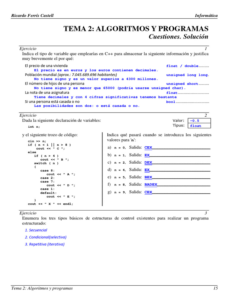 Tema 2. Algoritmos y Programas02.cuestiones - Solucion | PDF | C ++ | Lógica matemática