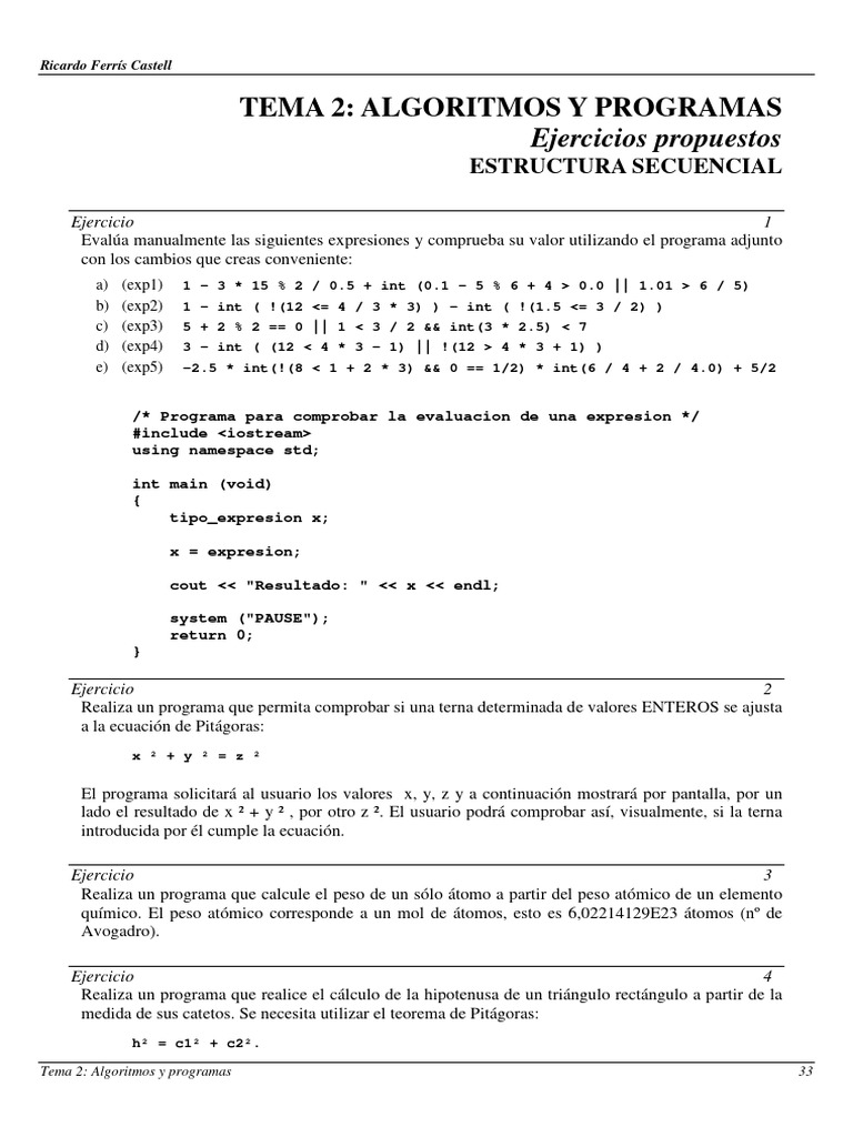 Tema 2. Algoritmos y Programas06. Ejercicios Secuencial - Propuestos | PDF | Programación de ...
