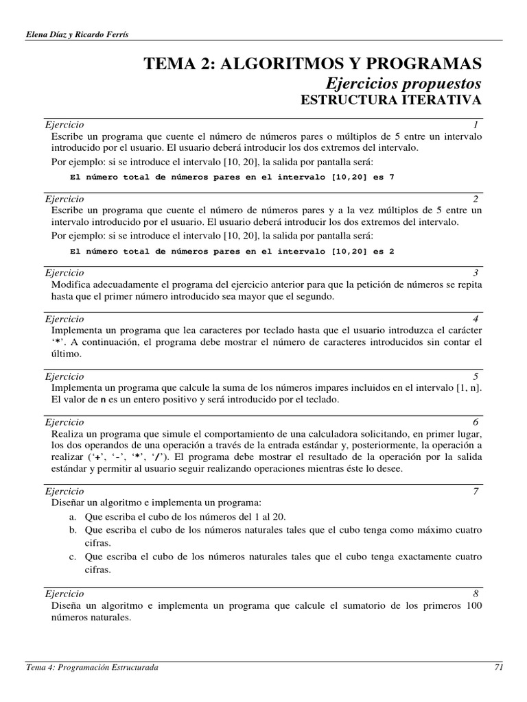 Tema 2. Algoritmos y Programas12.Ejercicios - Estructuraiterativa.propuestos | PDF | Algoritmos ...