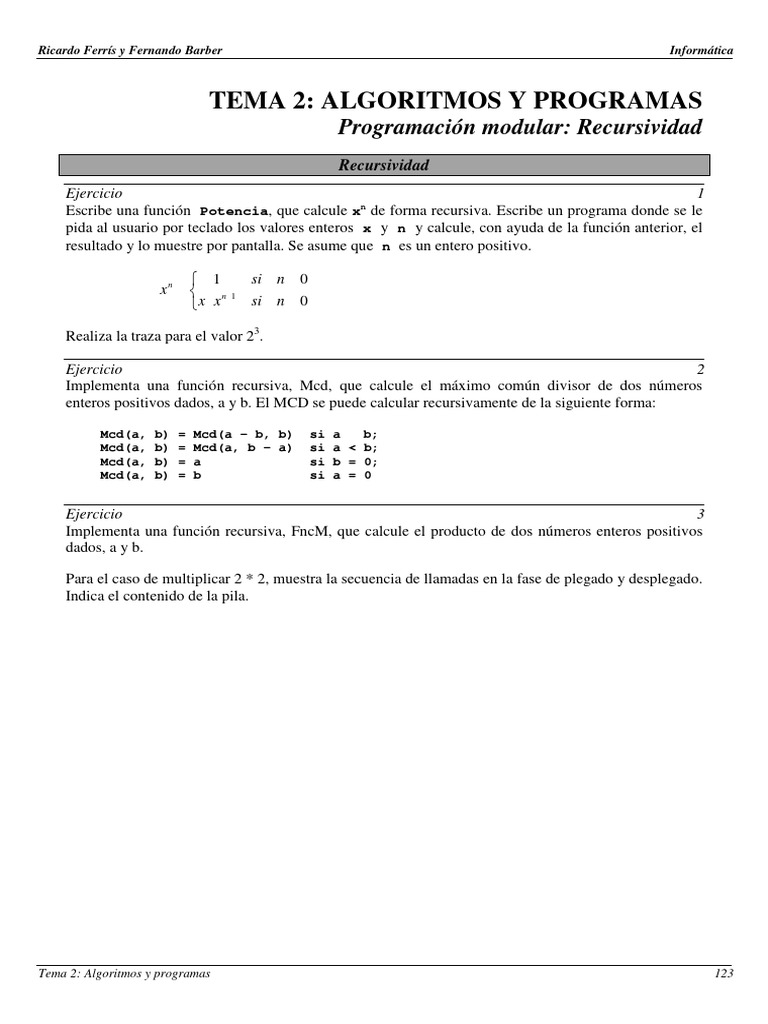 Tema 2. Algoritmos y Programas18.Ejercicios - Progmodular.recursion | PDF | Informática