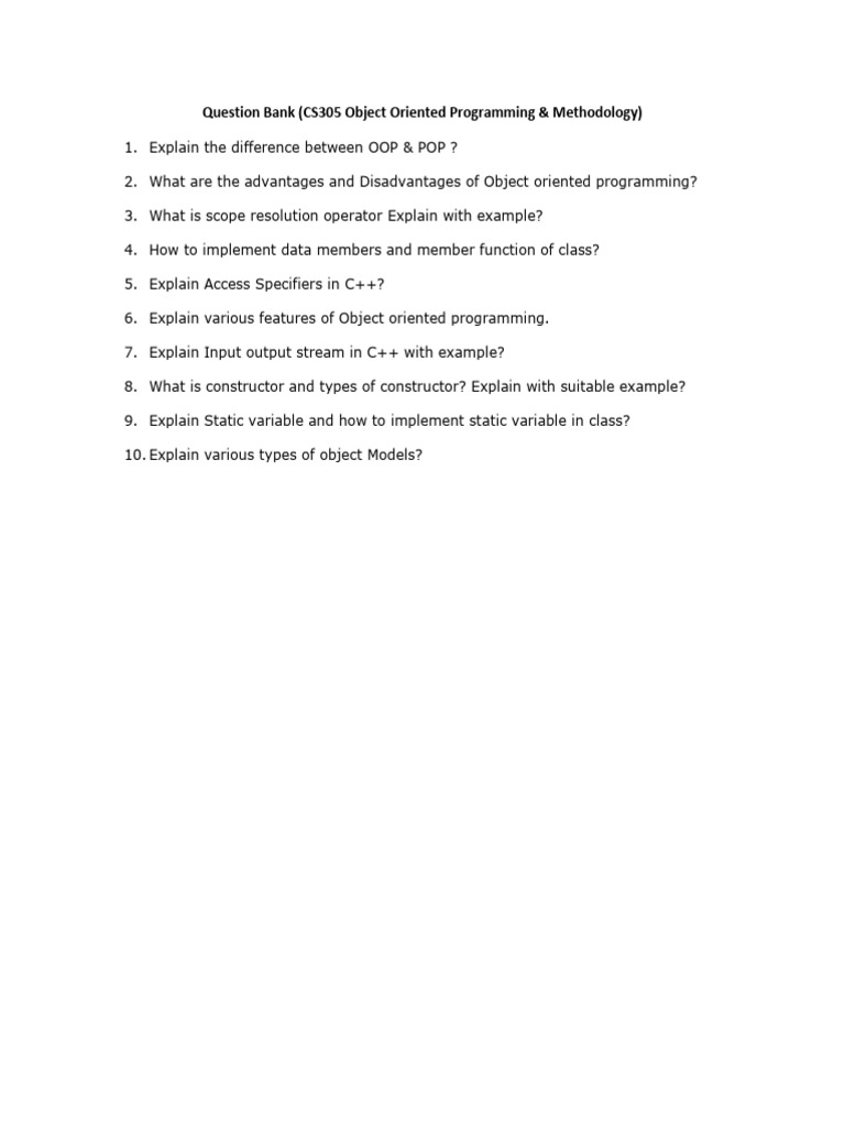 Question Bank MCQs - OOPM CS 305 | PDF | Class (Computer Programming) | C++