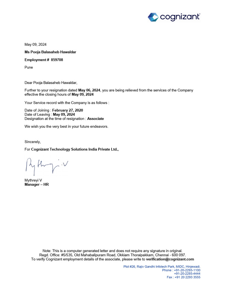 SeparationLetter 859708 | PDF