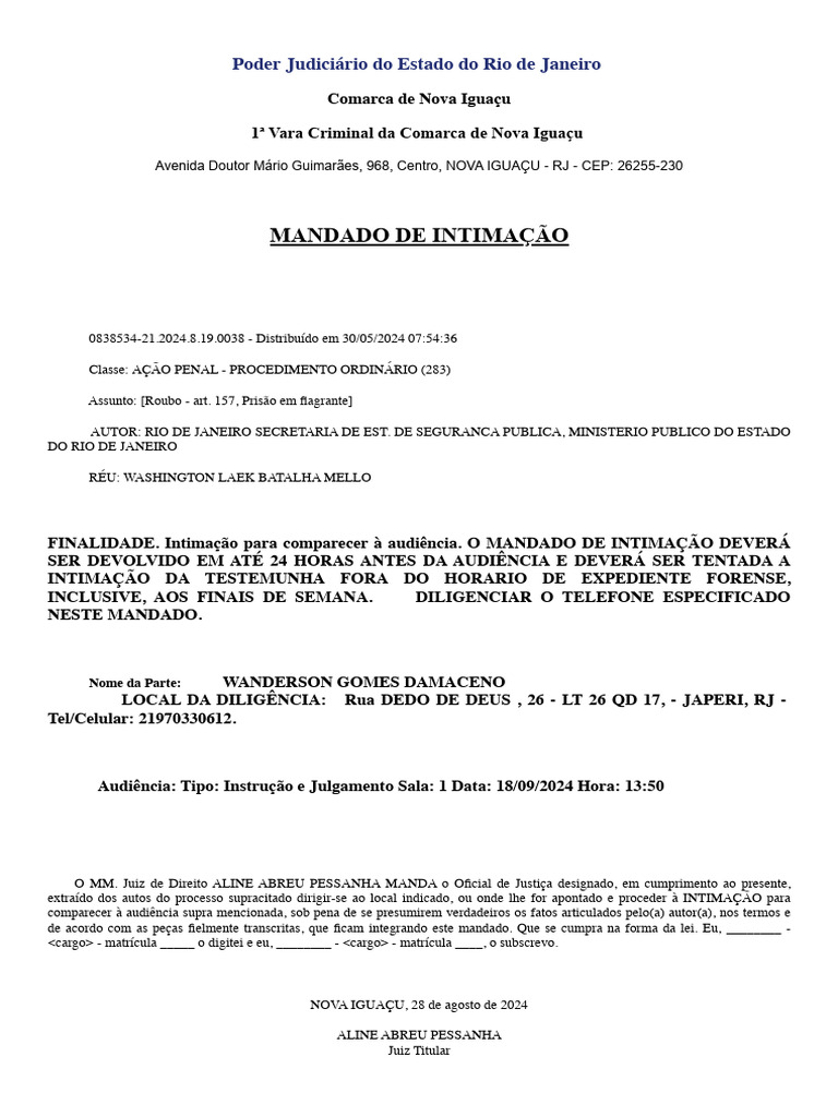 Mandado de Intimação Judicial | PDF | Justiça | Crime e Violência