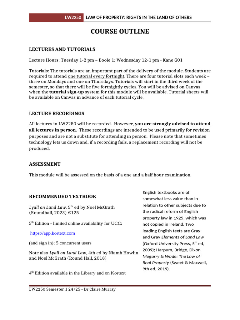 LW2250 Course Outline 24-25 - Handout CM | PDF | Easement | Mortgage Law