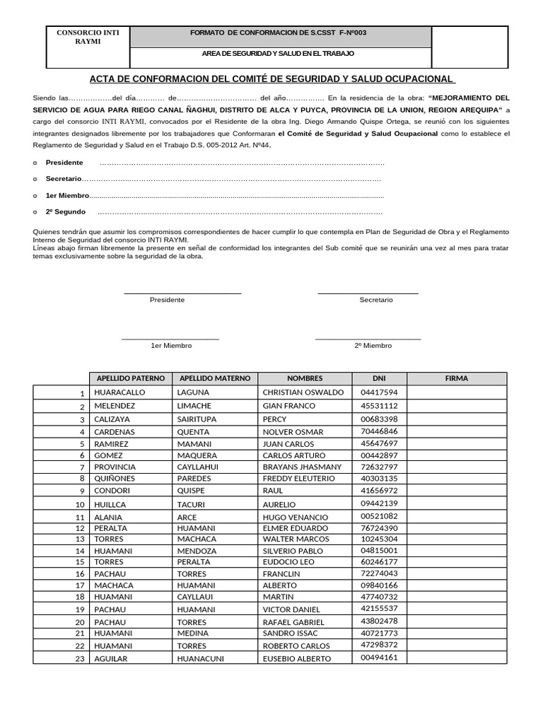 F-Nº003 FORMATO ACTA DE CONFORMACION DE SCSST 4 Personas Menos de 10 | PDF
