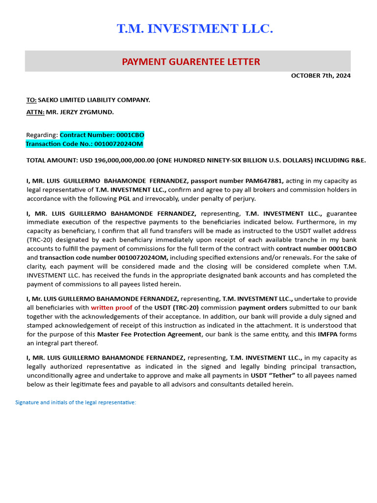 T.M. Investment LLC Payment Guarantee | PDF | Payments | Banks