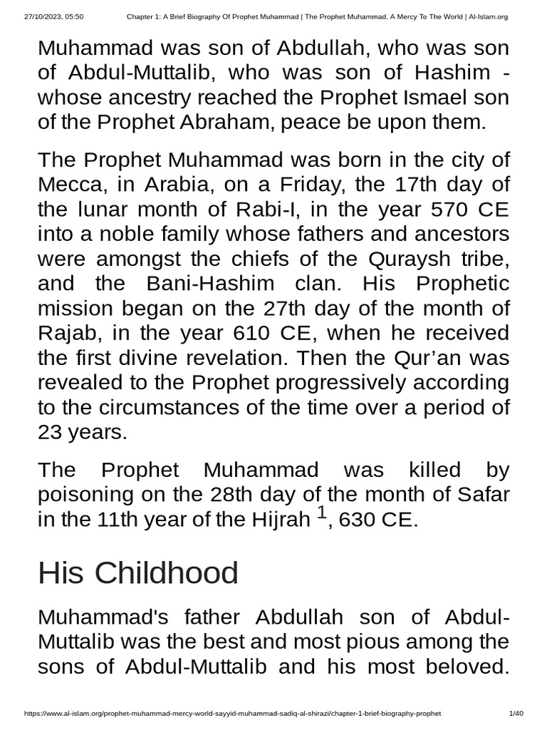 Chapter 1 - A Brief Biography of Prophet Muhammad - The Prophet Muhammad, A Mercy To The World ...