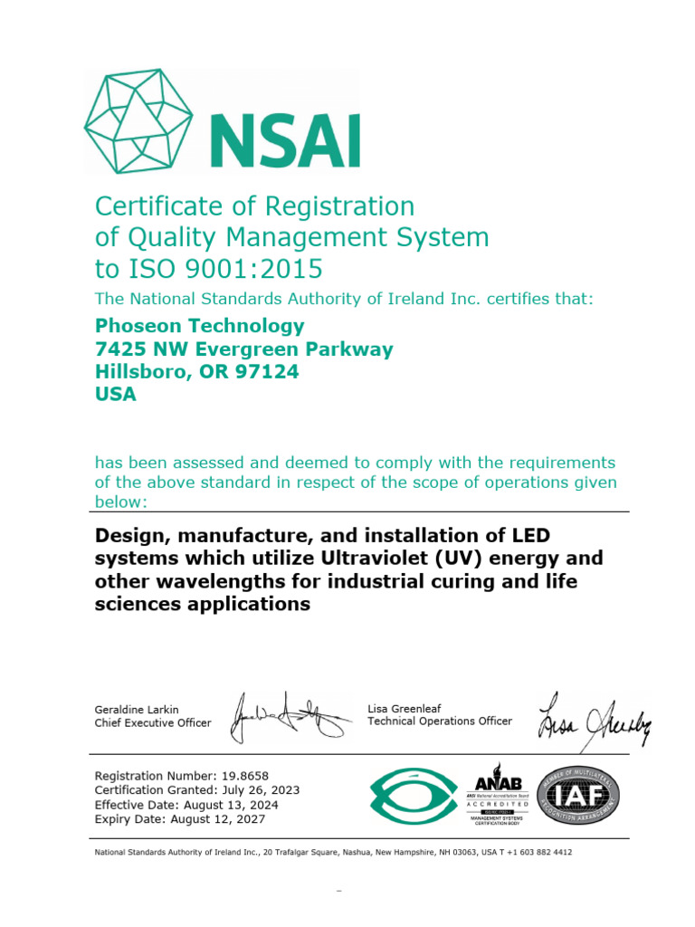 NSAI Locations - Phoseon Hillsboro-Oregon - ISO 9001-2015 Certificate 7-26-23 | PDF