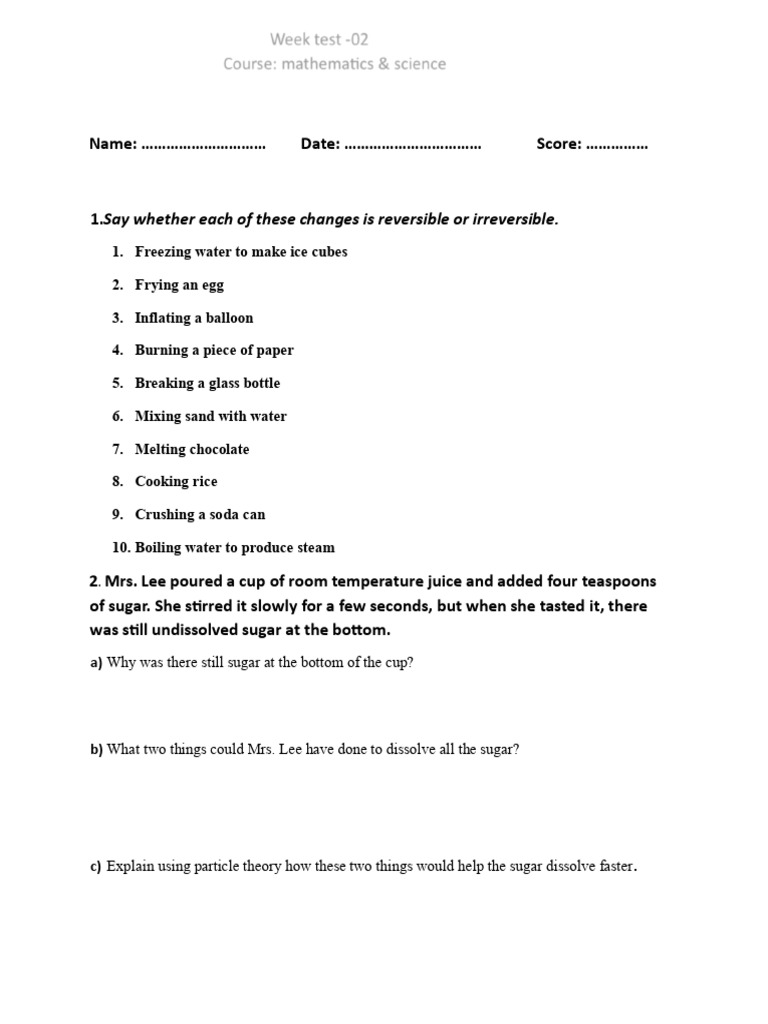 Reversible vs. Irreversible Changes Quiz | PDF