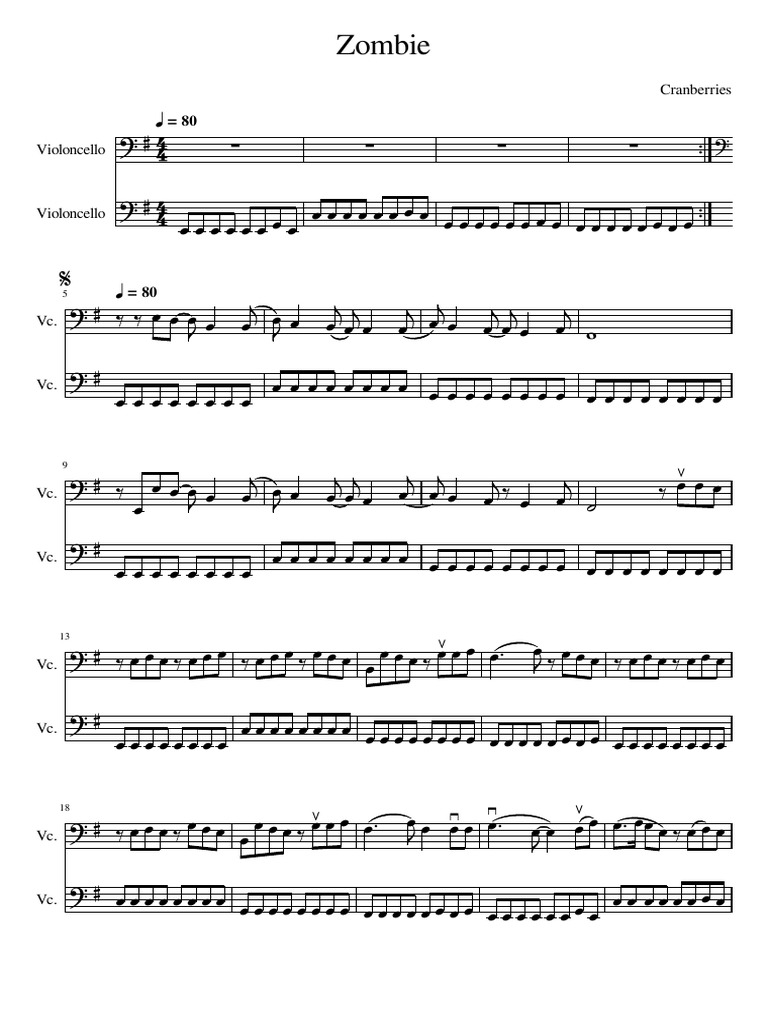 Cranberries - Zombie - For - Two - Cellos - Partitura | PDF | String Instruments