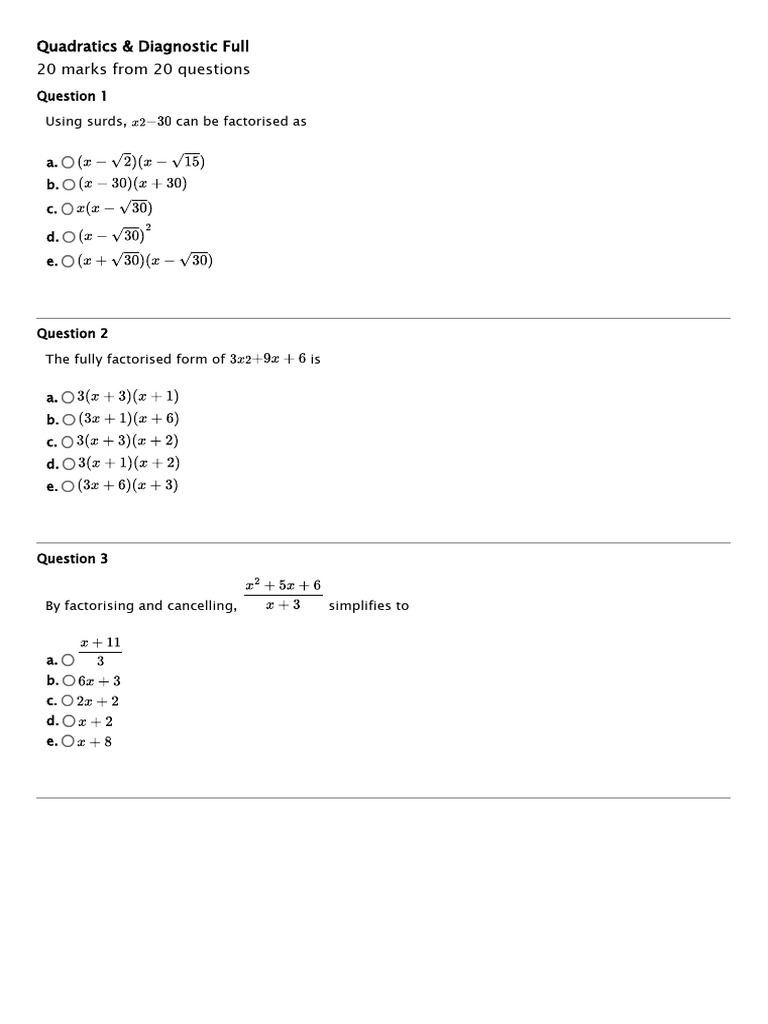 Quadratics & Diagnostic Full | PDF | Quadratic Equation | Mathematical ...